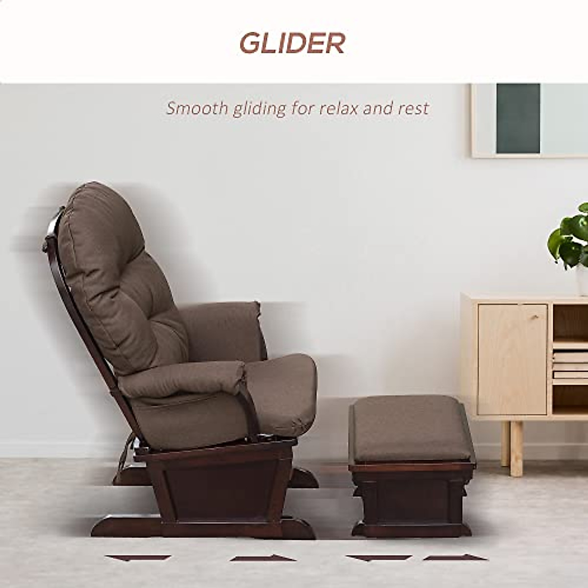 HOMCOM Nursery Glider Rocking Chair with Ottoman, Thick Padded Cushion Seating and Wood Base, Brown