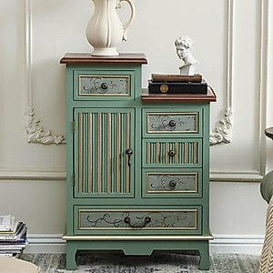 Ahokua Vintage Accent Chest with 5-Drawers and Door Carved Wood Storage Cabinet Modern Dresser for Living Room, Entryway, Hallway, Sage Green