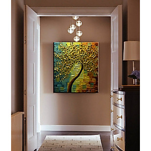 YaSheng Art - 3D Oil Paintings On Canvas Golden Flowers Tree Paintings Abstract Artwork Wall Art For living Room,Dinning Room Home Decor Framed Stretched Ready to Hang 24x24inch