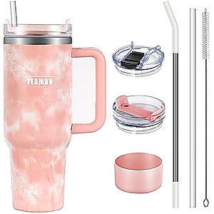 TEAMVV 40 oz Tumbler with Handle and Straw Stainless Steel Vacuum Insulated Tumbler Tea or Iced Coffee Mug for Hot or Cold Beverages 40 oz Tumbler with Handle(Peach Tie Dye)