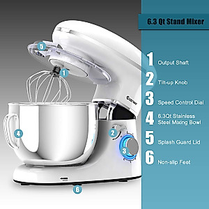 COSTWAY Stand Mixer, 660W Electric Kitchen Food Mixer with 6-Speed Control, 6.3-Quart Stainless Steel Bowl, Dough Hook, Beater, Whisk (White-update)