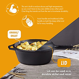 Bruntmor 2-in-1 Pre-seasoned Cast Iron Dutch Oven and Skillet Set -5 Quart Black Cookware with Handles - Dutch Oven with Lid - Enameled Cast Iron Cookware for Braising, Frying, Camping, and Indoor Use