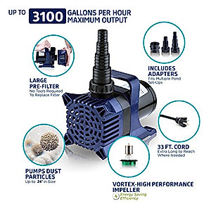 Alpine Corporation 3100 GPH Submersible Water Pump with 33 FT Cord and Adapters for Ponds, Fountains, Waterfalls, and Water Circulation, 276 Watts 21.5 FT Lift Quiet Operation Vertical/Horizontal