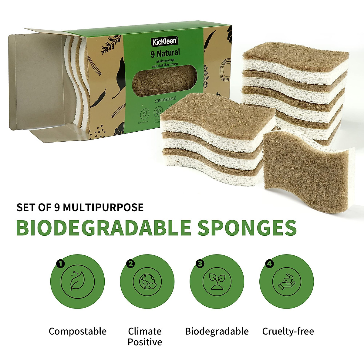 KICKLEEN 9 Pack Biodegradable Natural Kitchen Sponge - Compostable Cellulose and Coconut Walnut Scrubber Sponge - Eco Friendly Sustainable Sponges for Dishes