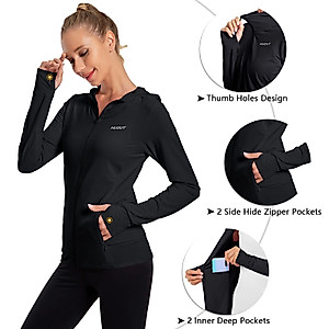 Women's UPF 50+ Sun Protection UV Jacket - Zip Up Hoodie Long Sleeve Hiking Fishing SPF Performance Shirt with Thumbhole Black