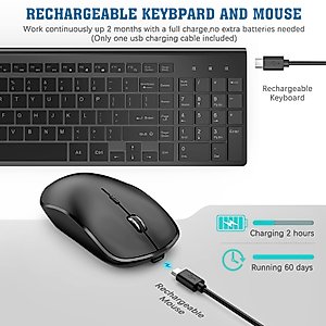 Rechargeable Wireless Keyboard and Mouse Combo- J JOYACCESS 2.4G Compact Quiet Slim Wireless Keyboard Mouse Combo for Laptop,PC,Desktop,Computer,Windows- Black