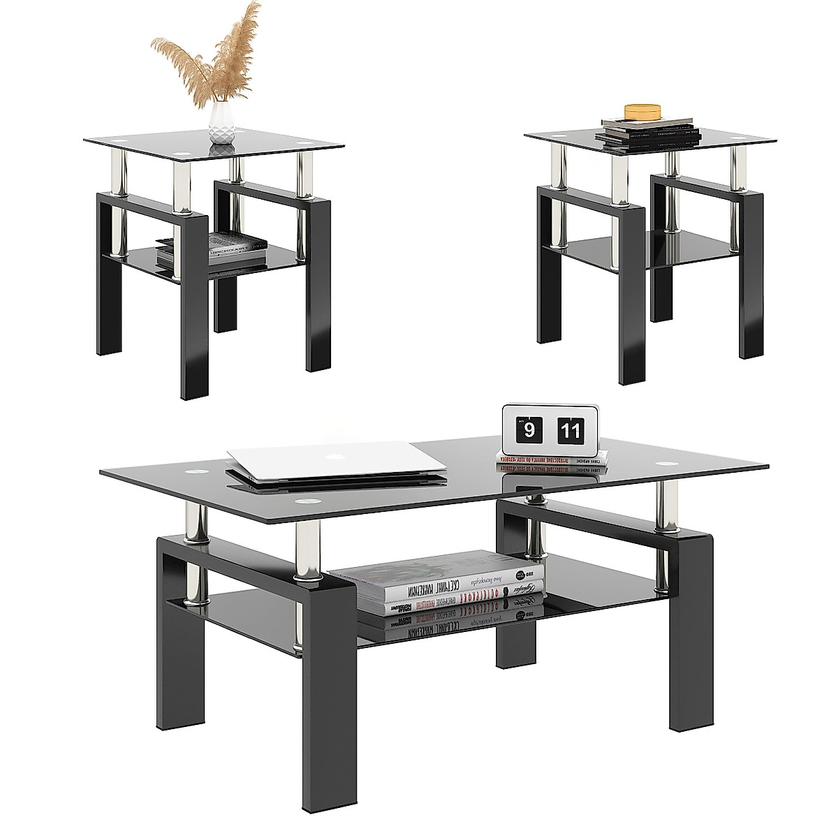 Coffee Table Set, Glass Coffee Table and 2 End Tables, Modern Table Set for Living Room, (Black, coffee table + 2 end tables)