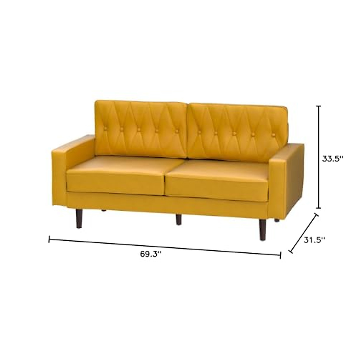 Container Furniture Direct Modern Style Faux Leather Sofa with Elegant Round Tapered Legs and Button Tufted Backrest Perfect for Living Room, Bedroom or Home Office, 69.3’’ Wide, Musterd Yellow