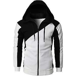 Maiyifu-GJ Men's Fleece Hoodies Full Zip Lightweight Color Block Hoodie Long Sleeve Zip-up Hooded Sweatshirt With Pocket (White,Medium)