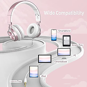 AILIHEN MS300 Wired Headphones with Microphone for Chromebook Laptop Computer, 3.5mm Foldable Kids Headphones for School Teens Girls (Rose Gold)
