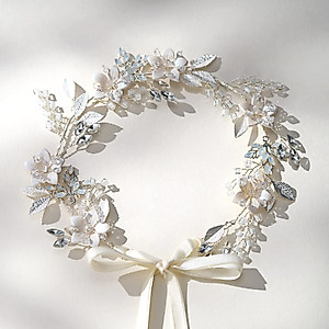 SWEETV Handmade Bridal Headband Silver Wedding Hair Accessories for Brides Hair Pieces Floral Wedding Headpieces for Flower Girl Bridesmaid