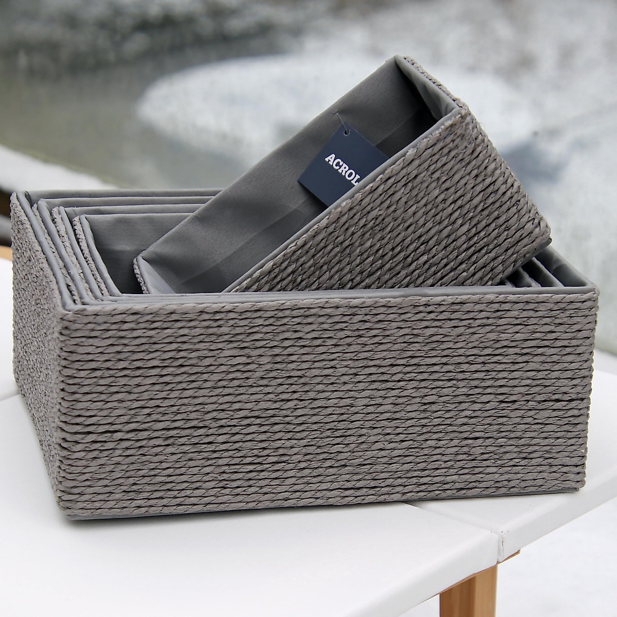 Acrola Premium 5-Pack Woven Paper Rope Storage Baskets, Multi-Size, Stackable, Versatile Organziers, Decorative Bins with Durable Fabric Liner for Home, Office, Nursery, and Bathroom, ST05002 (Grey)