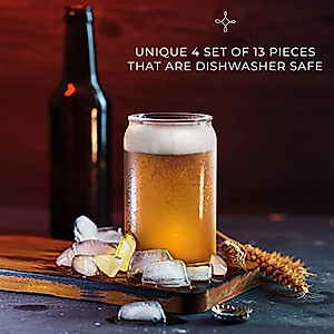 Lunnix Drinking Glasses with Lids and Glass Straw 4pcs Set - 16oz Can Shaped Glass Cups, Beer Glasses, Iced Coffee Glasses, Cute Tumbler Cup, Ideal for Cocktail, Whiskey, Gift, Tea - 1 Cleaning Brush