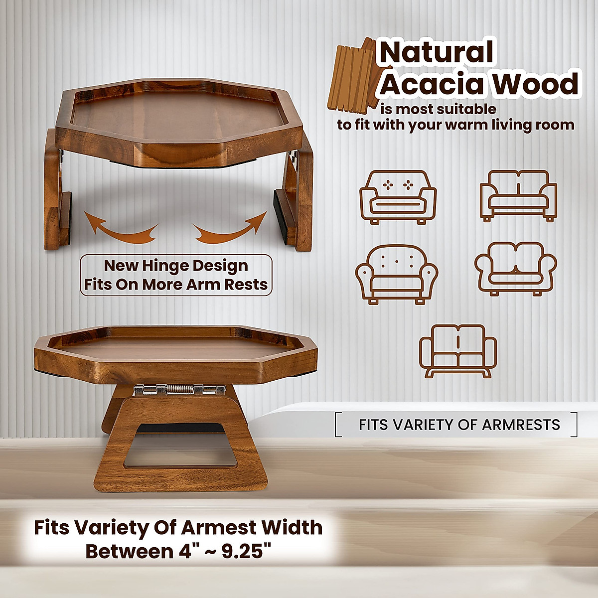 Tinamo Acacia Wood Sofa Armrest Tray - Sofa Arm Tray Table Clip Octagon - Couch Arm Table for Wide Couches (Octagonal, Acacia)