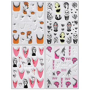 JMEOWIO 3D Embossed Halloween Nail Art Stickers Decals Self-Adhesive Pegatinas Uñas 5D Ghost Pumpkin Spook Nail Supplies Nail Art Design Decoration Accessories 4 Sheets