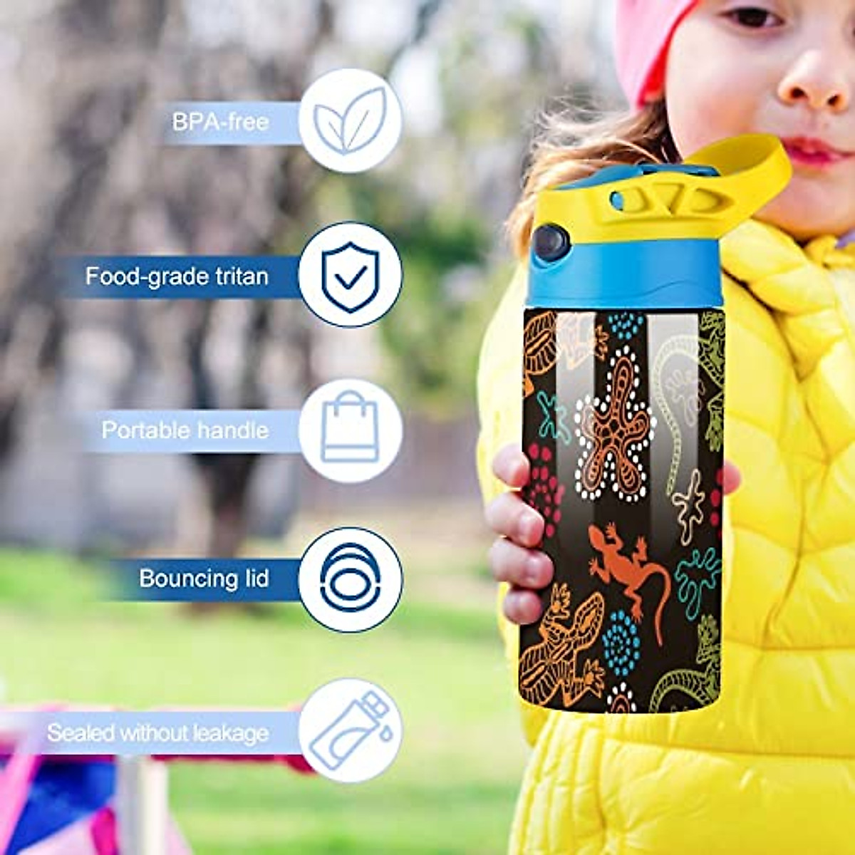 Thermos Cup 500Ml Cartoon Gecko Insulated Water Bottle With Straw For Sports And Travel 7.5x2.7 in