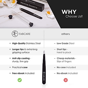 FABCARE Tweezers for plucking eyebrows with slanted tips, includes case, professional non-slip coating, high-quality tool for hair removal, suitable for men and women, precise and durable design.