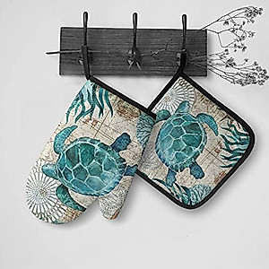 Blue Sea Turtle Nautical Map Area Oven Mitts Pot Holders Sets Heat Resistant Insulated 356°F/180℃ Non-Slip Waterproof Gloves Hot Pads Potholders for Kitchen Decorative Cooking Baking Grilling BBQ