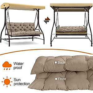 Outdoor Swing Cushions with Back, 47 x 40 inch 2-3 Seater Front Porch Swing Cushion Replacement, Swing Pad for Patio Wooden & Metal Porch Swing, Khaki
