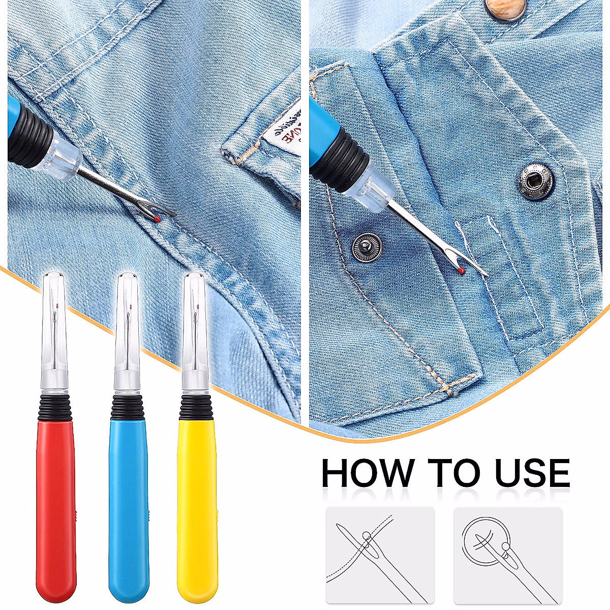 3 Pieces Seam Ripper Tools with Light, Stitch Removal Tool Sewing Thread Remover Cutter Stitch Opener LED Light Seam Ripper Sewing Tools for Sewing Crafting Removing Threads, 3 Colors