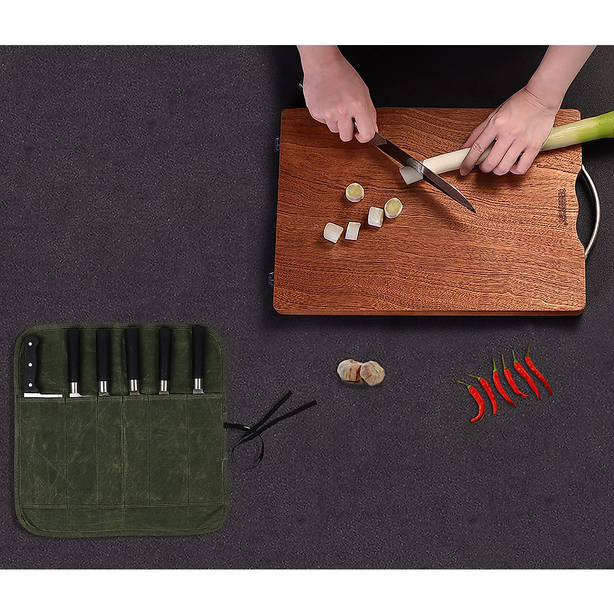 Chef Knife Roll Bag with 6 Slots,Waxed Canvas Knife Carrying Case,Chef Knife Bag,Knife Pouch Can Hold Home Kitchen Knife Tools up to 17 inch,Knife Storage for Travel Camping,BBQ,Culinary School.