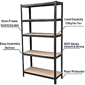 Heavy Duty Storage Shelving Unit 175kg/ 386lbs Loading Capacity Per Shelf, 5-Tier Free Standing Shelving Unit for Kitchen Office Warehouse Garage Room, Black (H150 x W70 x D30 cm)