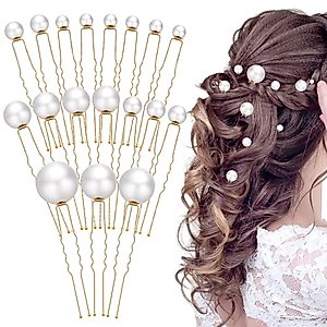 Hicarer 18 Pieces Wedding Pearl Hair Pins Bridal Rhinestone Pearl Hair Clips Hair Accessories U Shaped Bobby Pin Hair Barrette for Bride Bridesmaid Women Hair Style(White-Gold)