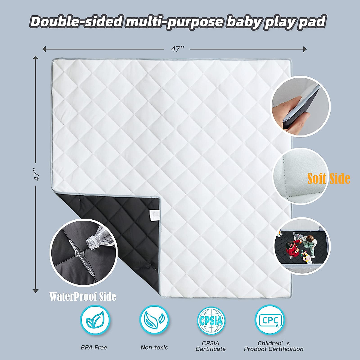 SECLATO Washable Baby Play Mat Portable Playmat for Babies, Foldable Toddler Playpen Mat Baby Tummy Time Mat, Soft Floor Play Mats for Infants Extra Large Crawling Mat 47x47 -Grey