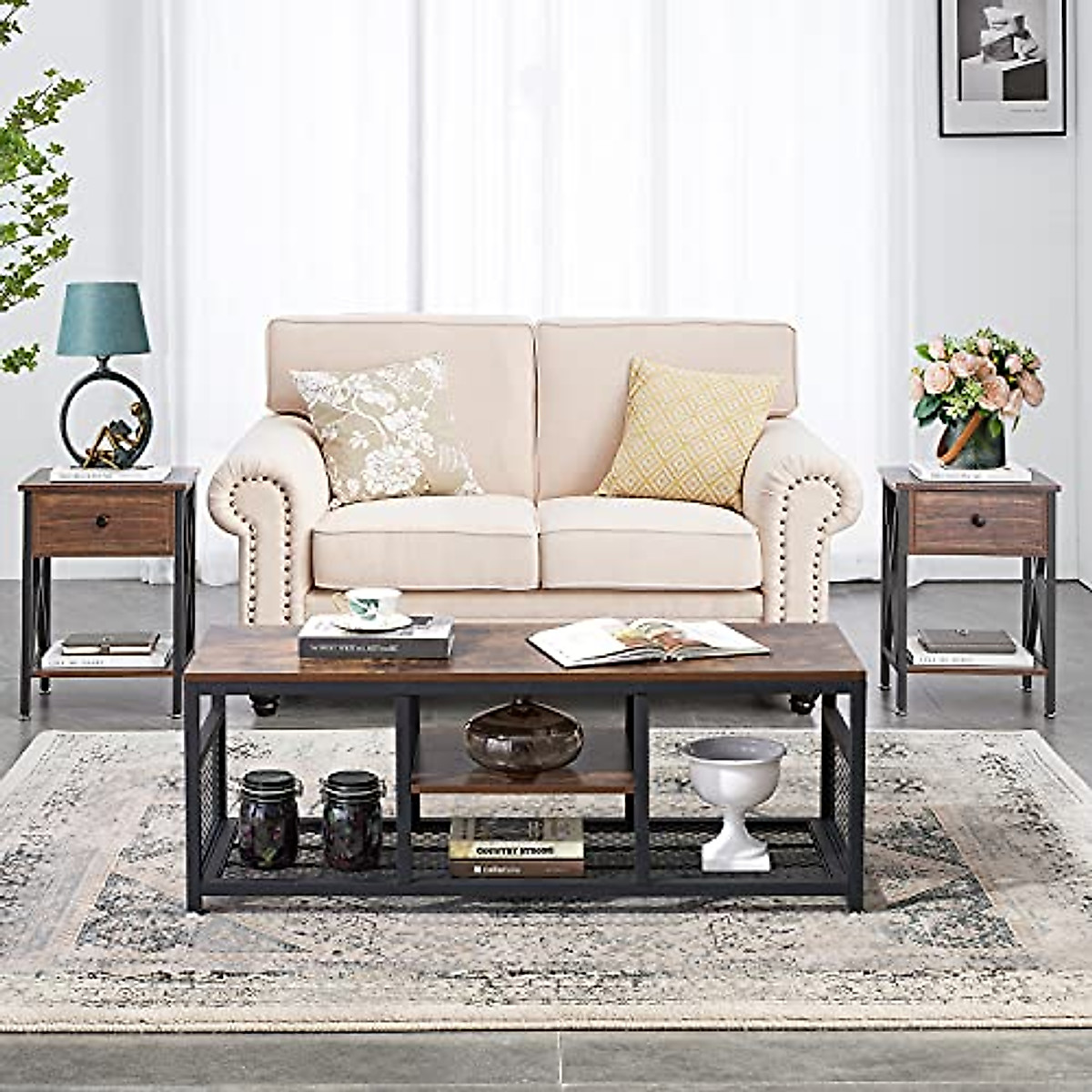 VECELO 47" Coffee Table with Storage Shelf for Living Room Industrial Wood and Metal Frame Easy Assembly Brown