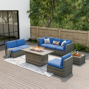 UIXE Outdoor Patio Furniture Sets with Propane Fire Pit Table, 8 Pieces Wicker Patio Sectional Sofa Lounge Couch Seating PE Rattan Conversation Set Includes 45" Gas Fire Table, Navy Blue