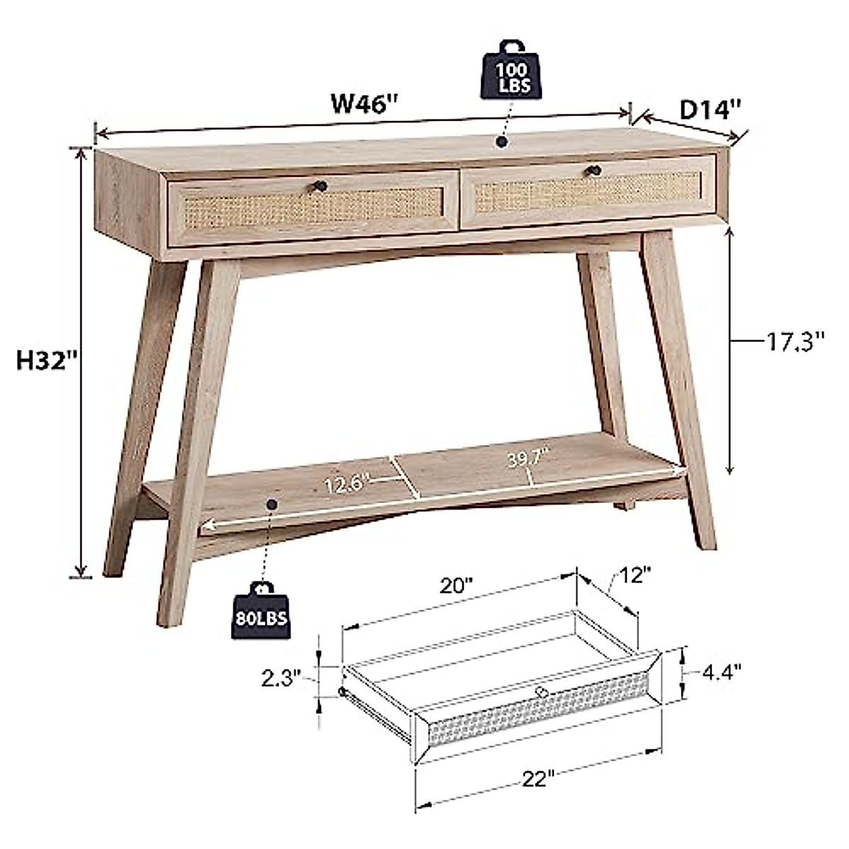 OKD Rattan Entryway Table, 46" Mid Century Modern & Boho Console Table with Drawers, Storage Shelf, Tall Long Farmhouse Wood Sofa Table Behind Couch for Entry Way, Hallway, Living Room, Foyer, Oak