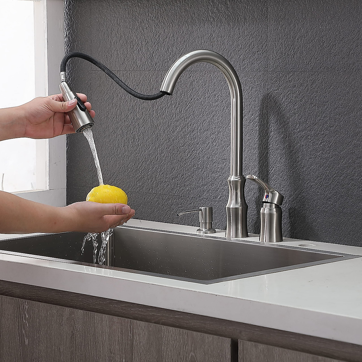 Hotis 3 Hole Kitchen Faucet, 2 Hole Kitchen Faucet with Pull Down Sprayer, Brushed Nickel Kitchen Faucets for Sink, Single Handle Pull Out Stainless Steel Kitchen Sink Faucet Set with Soap Dispenser