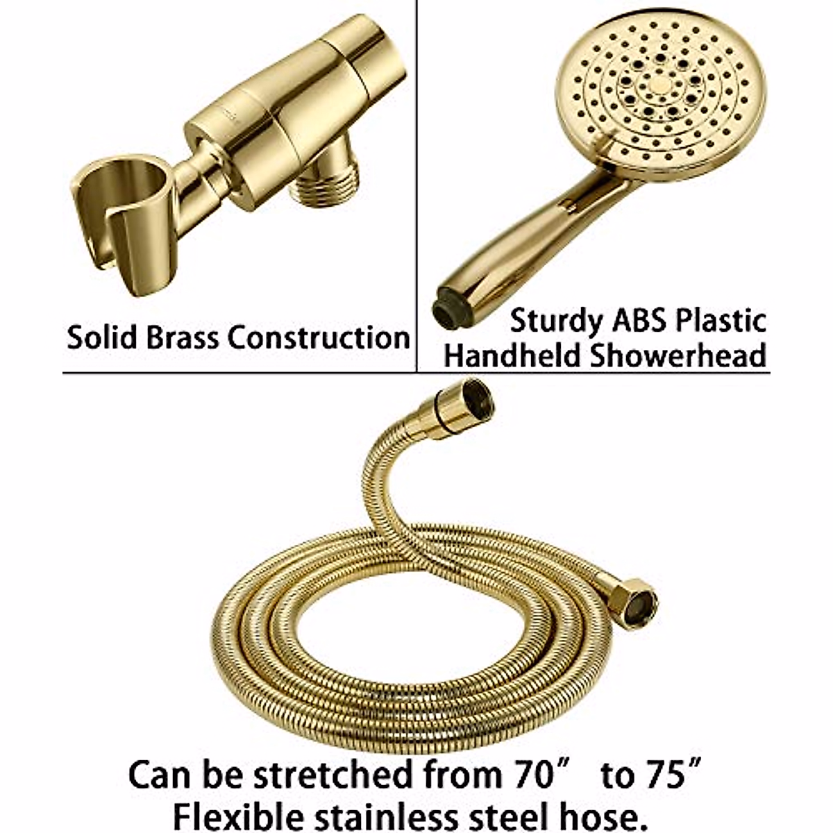 G-Promise Luxury High Pressure 5“ Face 6 Setting Detachable Handheld Shower Head with Extra Long Flexible Metal Hose(70” Stretches to 75”), Adjustable Metal Holder, Polished Brass Finish (2.5GPM)