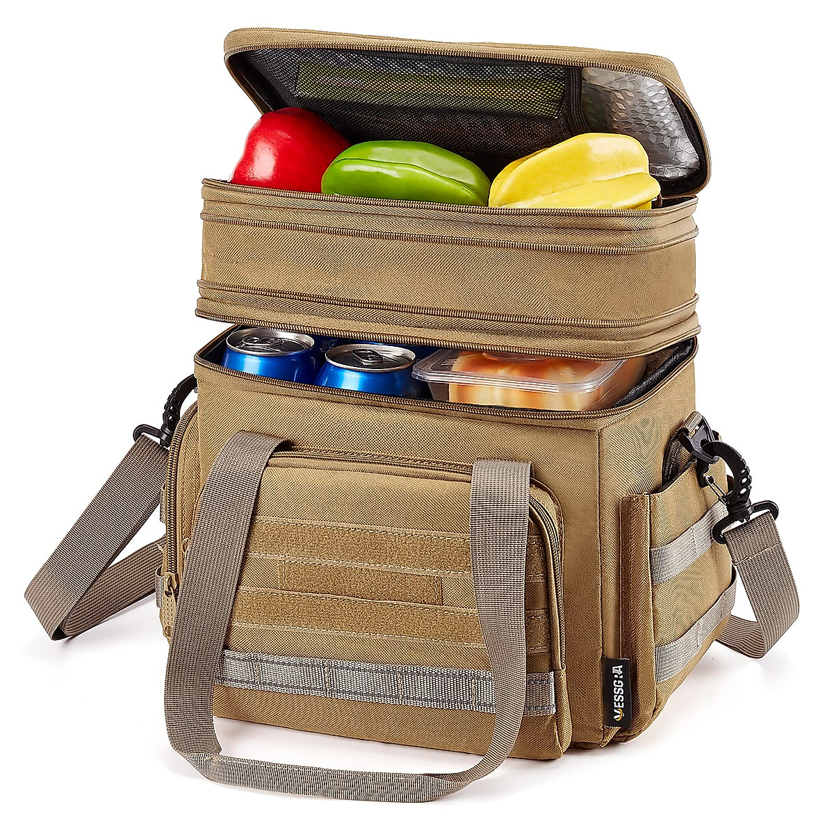 Double Layer Insulated Lunch Bag for Adults, Expandable Tactical Lunch Bag Leakproof 26-Can Large Lunch Cooler Bag with Adjustable Shoulder Strap Adults Durable Lunch Pail for Work Picnic Hiking Brown