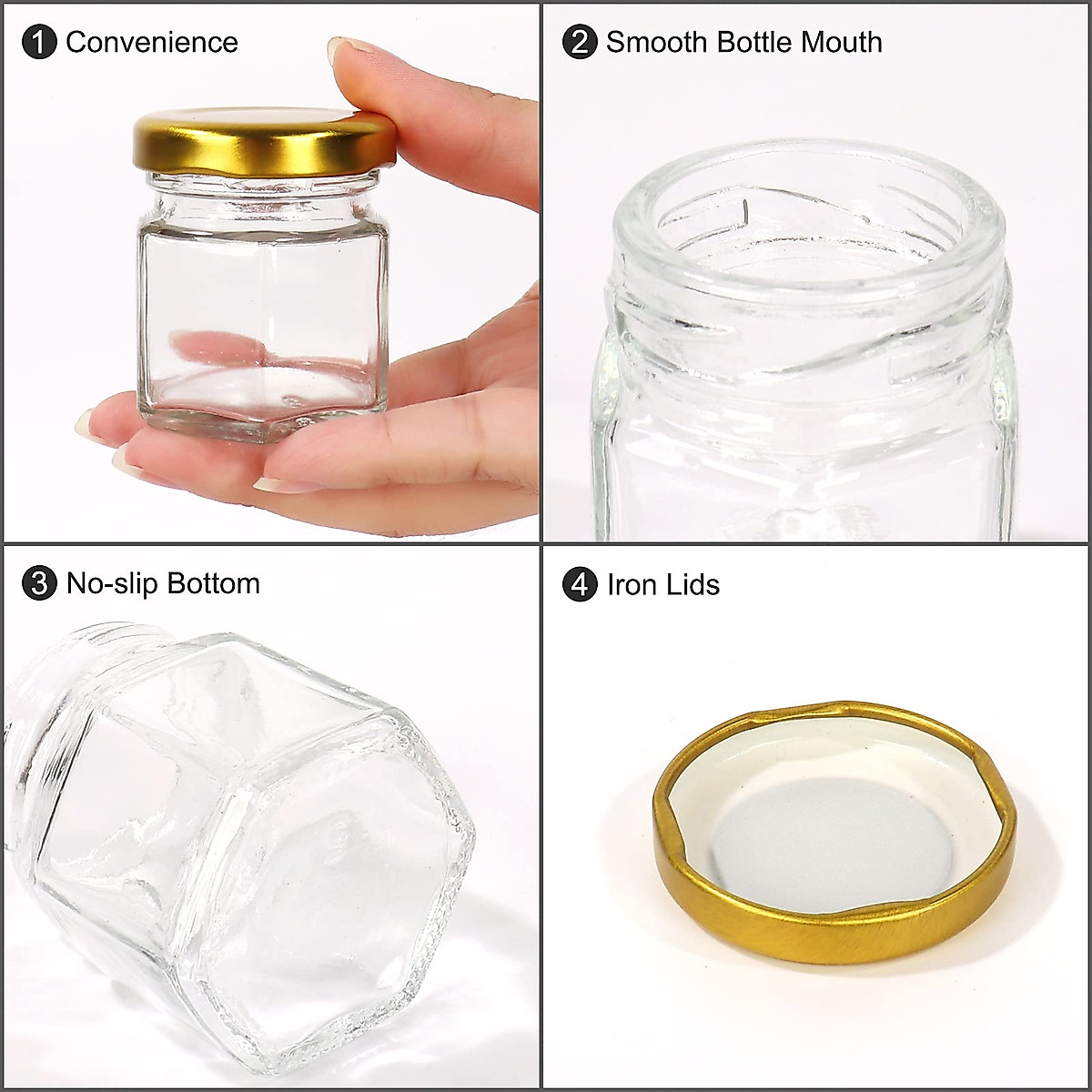 BIGIVACA 1.5 oz Hexagon Glass Jars with Golden Lids.Set of 48 Pack Mini Canning Jars Containers for Spice Jam,Jelly, Wedding Favors, Honey And More. Small Jars.Include 1 Chalk Pen and 80 Labels.