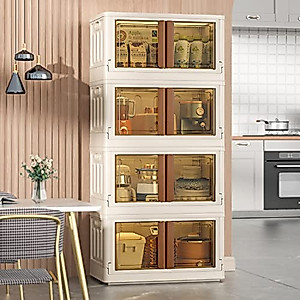 Plastic Storage Bins with Lids - 76Quart Collapsible Storage Bins,3 Packs Stackable Storage Bins with Lids,Beige Wardrobe Closet Organizer,Storage Cabinet,Foldable Plastic Storage Container with Door