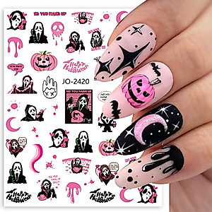 JMEOWIO 12 Sheets Halloween Nail Art Stickers Decals Self-Adhesive Pegatinas Uñas Cute Ghost Pumpkin Pink Nail Supplies Nail Art Design Decoration Accessories