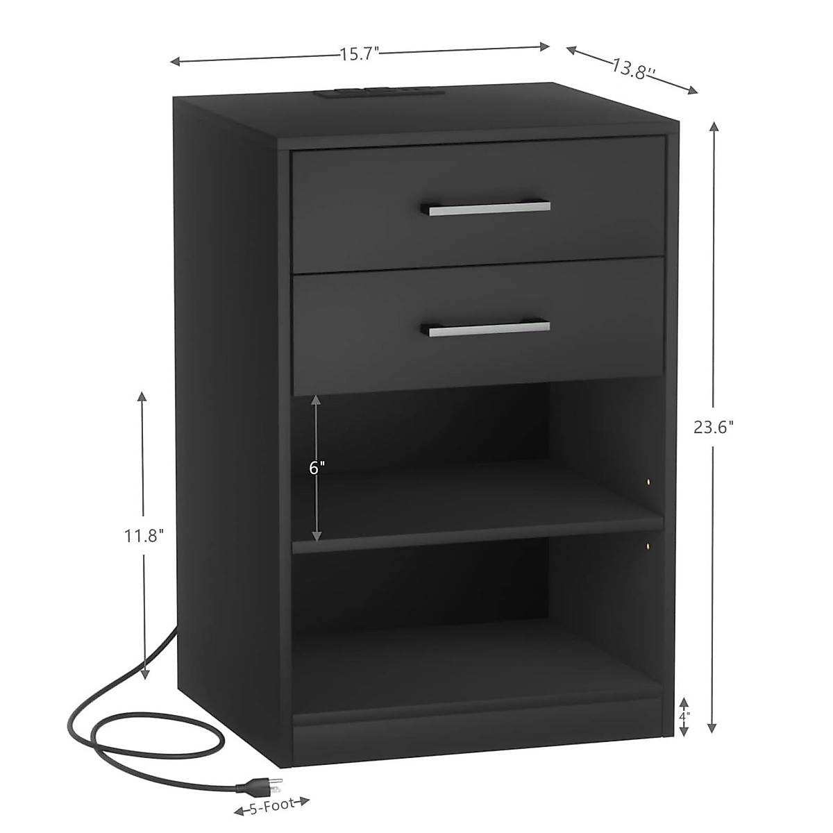 Irontar Nightstand with Charging Station, 2 Drawers End Table with 2 AC Outlets and 2 USB Ports, Wooden Side Table, Bedside Table with Adjustable Open Storage, Bedroom Night Stand, Black BZZ001BE