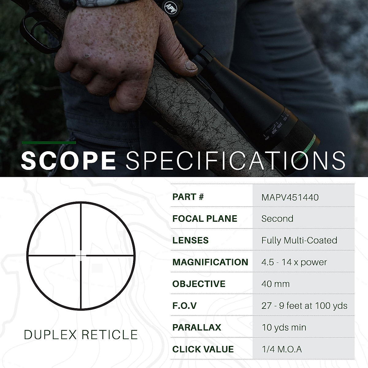 Mueller Optics MAPV451440, All Purpose Scope, 4.5-14 x 40, 1in Tube Size, Wide-Angle Field of View, Water-Proof, Fog-Proof and Shock-Proof