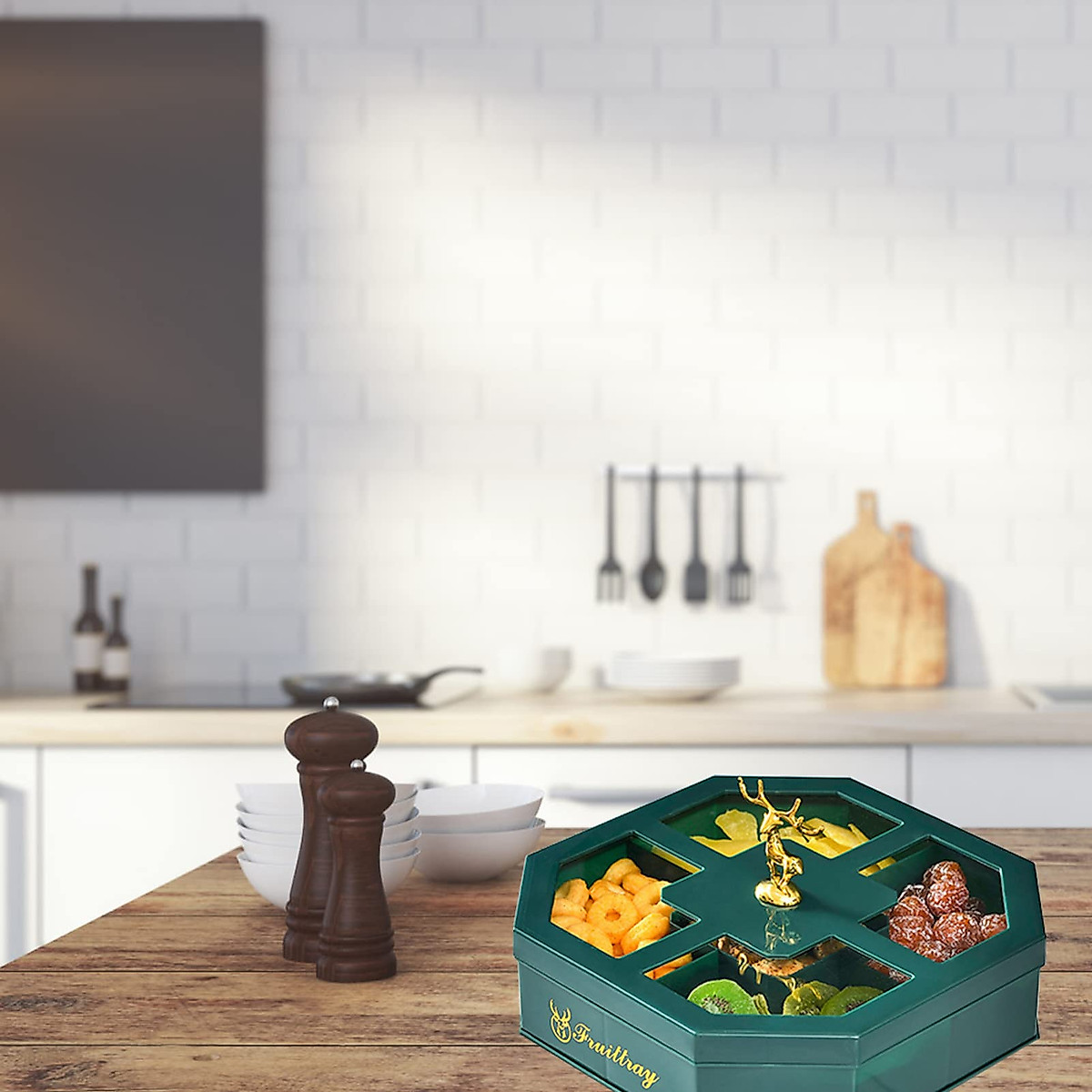 Hemoton Divided Serving Dishes Candy Nut Serving Container Plastic 5 Grids Snack Serving Tray Fruit Bowl with Lid for Nut Candy Dried Fruit Food Storage Green