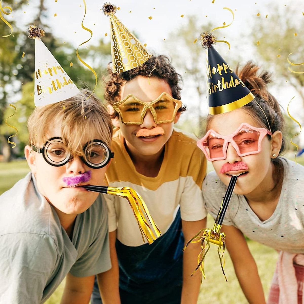 JOYEONDEF 30 Pcs Gold Birthday Party Hats Gold Cone Hats Includes 8 Birthday Paper Hats and 22 Gold Noise Makers (Black and gold suit)