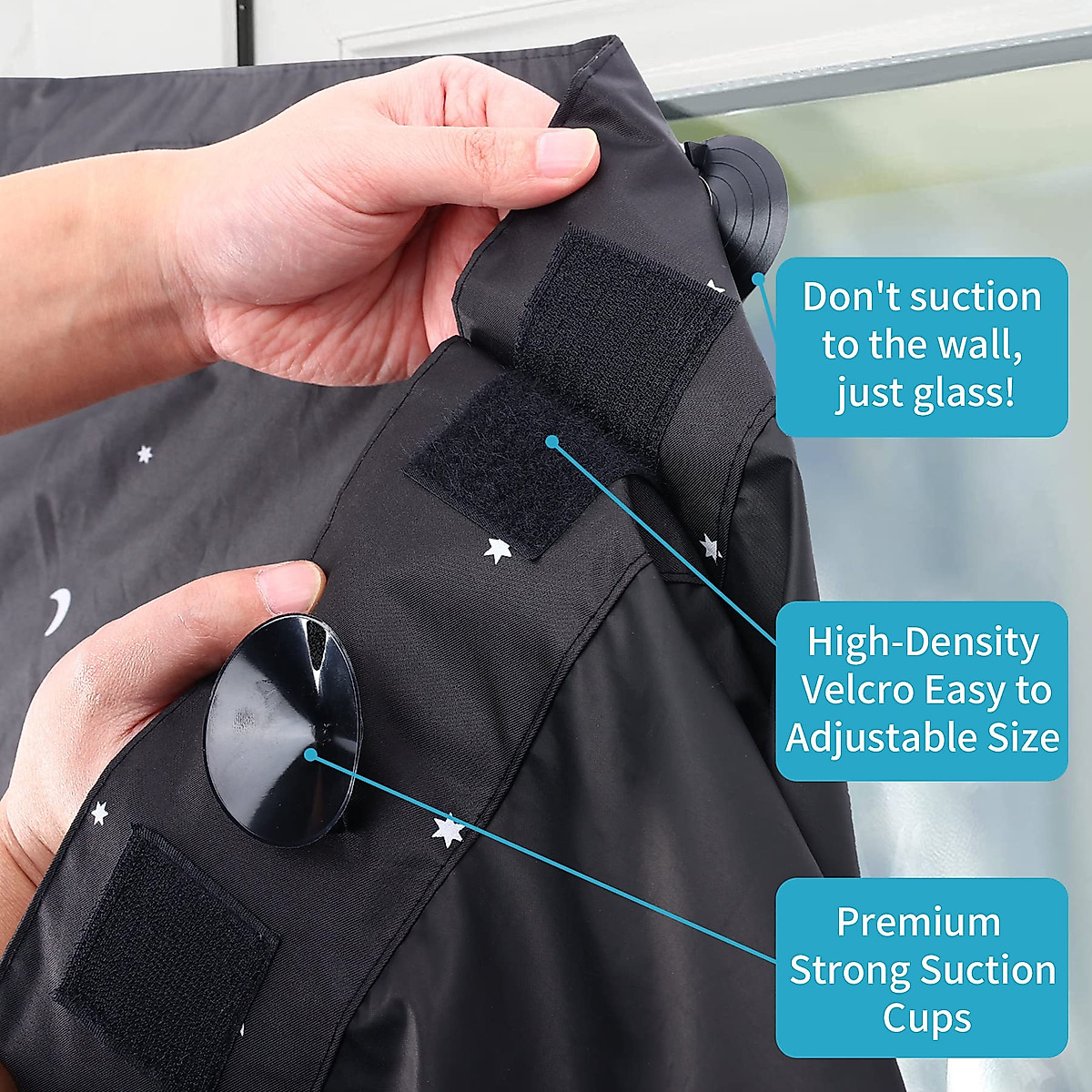 Portable Baby Travel Blackout Curtains, 100% Polyester Adjustable Temporary Blackout Shades with Suction Cups, 50" x 78", Moon & Stars Pattern