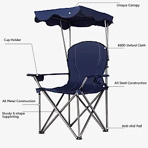 GYMAX Canopy Camping Chair, Folding Sport Chair with Sunshade & Carrying Bag, Portable Heavy Duty Chair for Beach, Poolside, Travel Picnic (Blue)