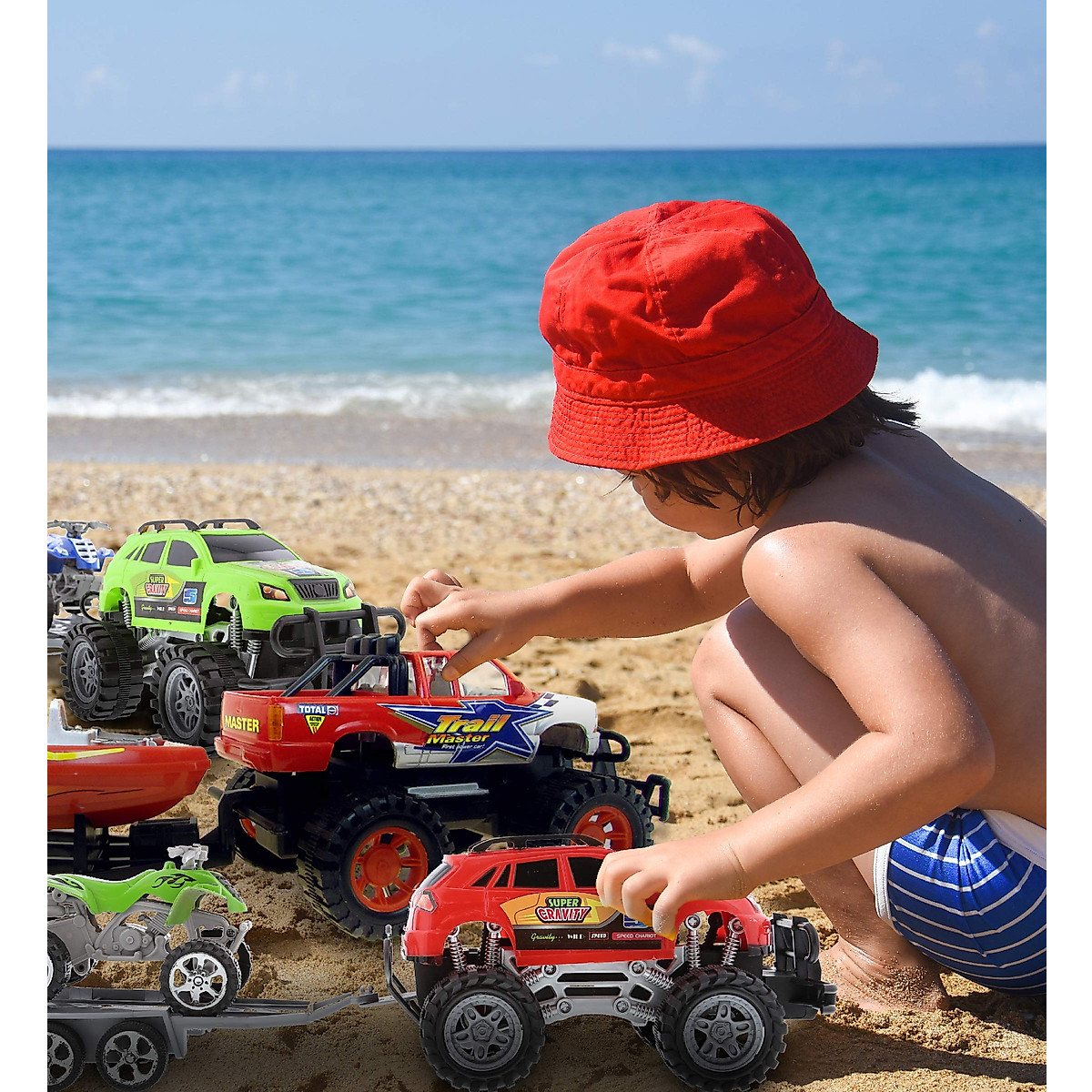 Mozlly Bundle of 2 Friction Powered Monster Trucks with ATV Trailer Playset, Push Powered Monster Truck with Speed Boat Transport Toys - Push & Go