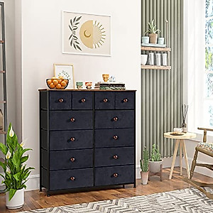 AOPSEN 12 Drawer Tall Dresser, Storage Chests of Drawers, Black Fabric Dresser for Bedroom Closet Nursery Living Room, Wooden Top and Metal Frame, Rustic Brown