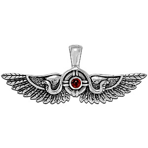Moonlight Mysteries Sterling Silver Egyptian Winged Sun Disk Pendant Jewelry Featuring Snakes and Natural Garnet - 1 3/4 Inch Wide