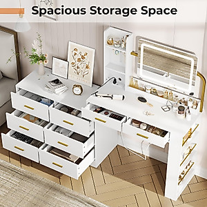 Hasuit Large Vanity Desk with Mirror and Lights,68.9'' Long Makeup Dressing Vanity Table with Charging Station, 8 Drawers, Vanity Mirror 3 Lighting Modes Adjustable, White