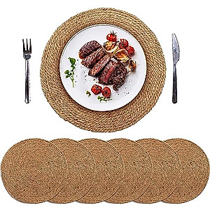 Defined Deco Round Jute Placemats Set of 6,12" Handmade Round Placemats,Woven Braided Placemats,Natural Farmhouse Place Mats,Jute Thick Hot Pads,Rustic Table Mats for Dining Table Decor,Home,Wedding.
