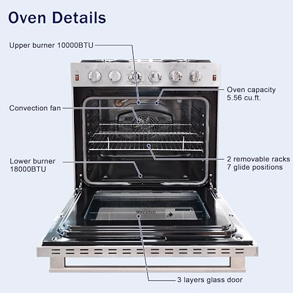 30 inch Gas Range Oven Gas Range Convection Oven Stove Stainless Steel Freestanding 5.56 cu.ft.4 Burners 42000BTU Large 3 Layers Tempered Glass Door Heavy Duty