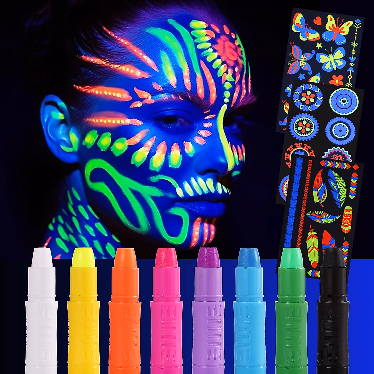 BOBISUKA Glow in The Black Light Face Body Paint Stick Kit with Temporary Tattoo Stickers, 8 Color UV Neon Face Painting Crayon Set for Art Theater Halloween Party Cosplay Clown SFX Makeup